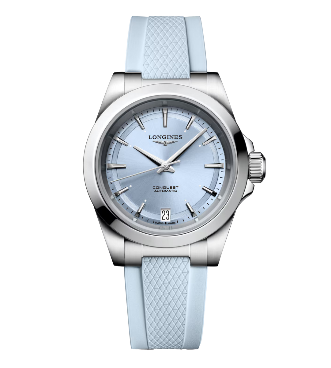 Conquest Watch Baby Blue Rubber Strap | Longines | Fink's